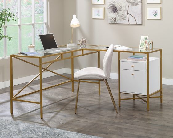 Sauder Glass Top L Shaped Desk in White 433646